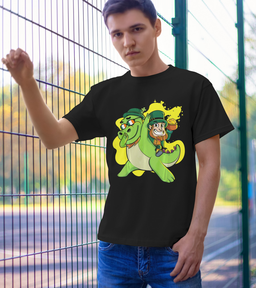 Dabbing Dinosaur And Leprechaun With Gold For St Patrick's Day T-Shirt