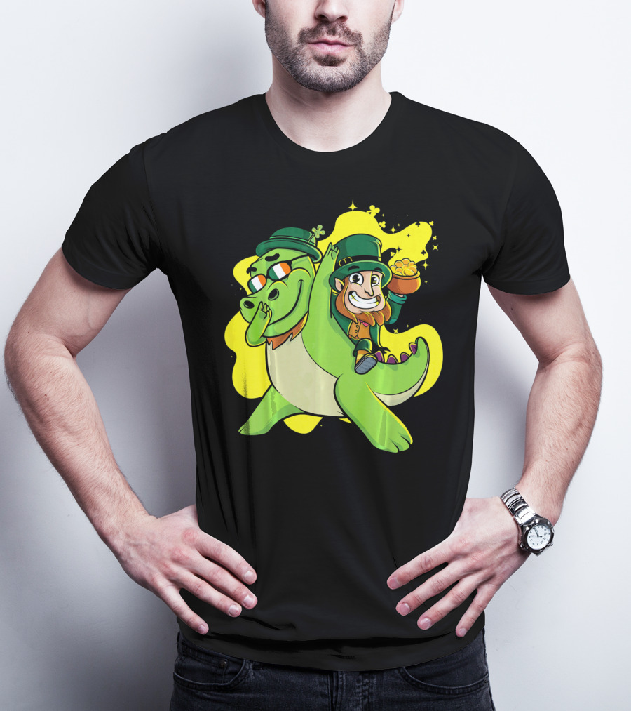 Dabbing Dinosaur And Leprechaun With Gold For St Patrick's Day T-Shirt
