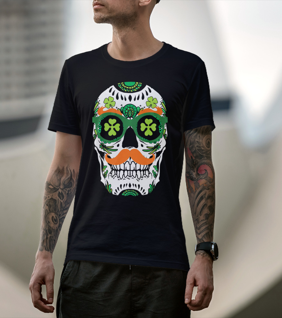 Sugar Skull Clover Mustache St. Patrick's Day T-Shirt