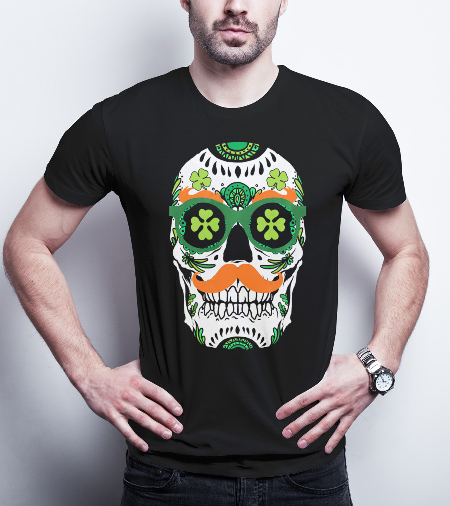 Sugar Skull Clover Mustache St. Patrick's Day T-Shirt