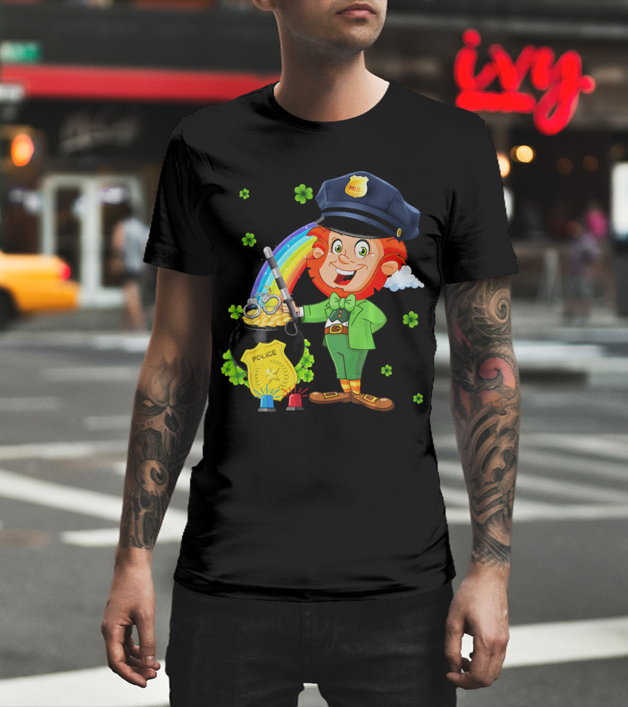 Police Leprechaun Pot Of Gold Rainbow Clover St. Patricks T-Shirt