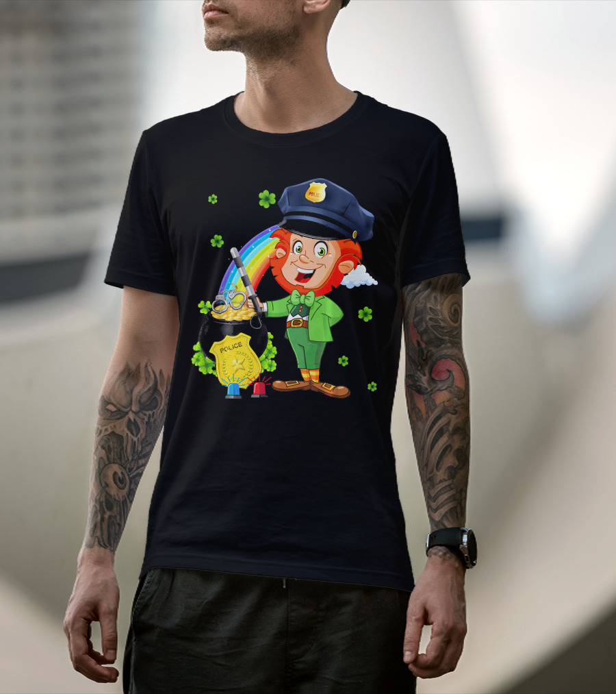 Police Leprechaun Pot Of Gold Rainbow Clover St. Patricks T-Shirt
