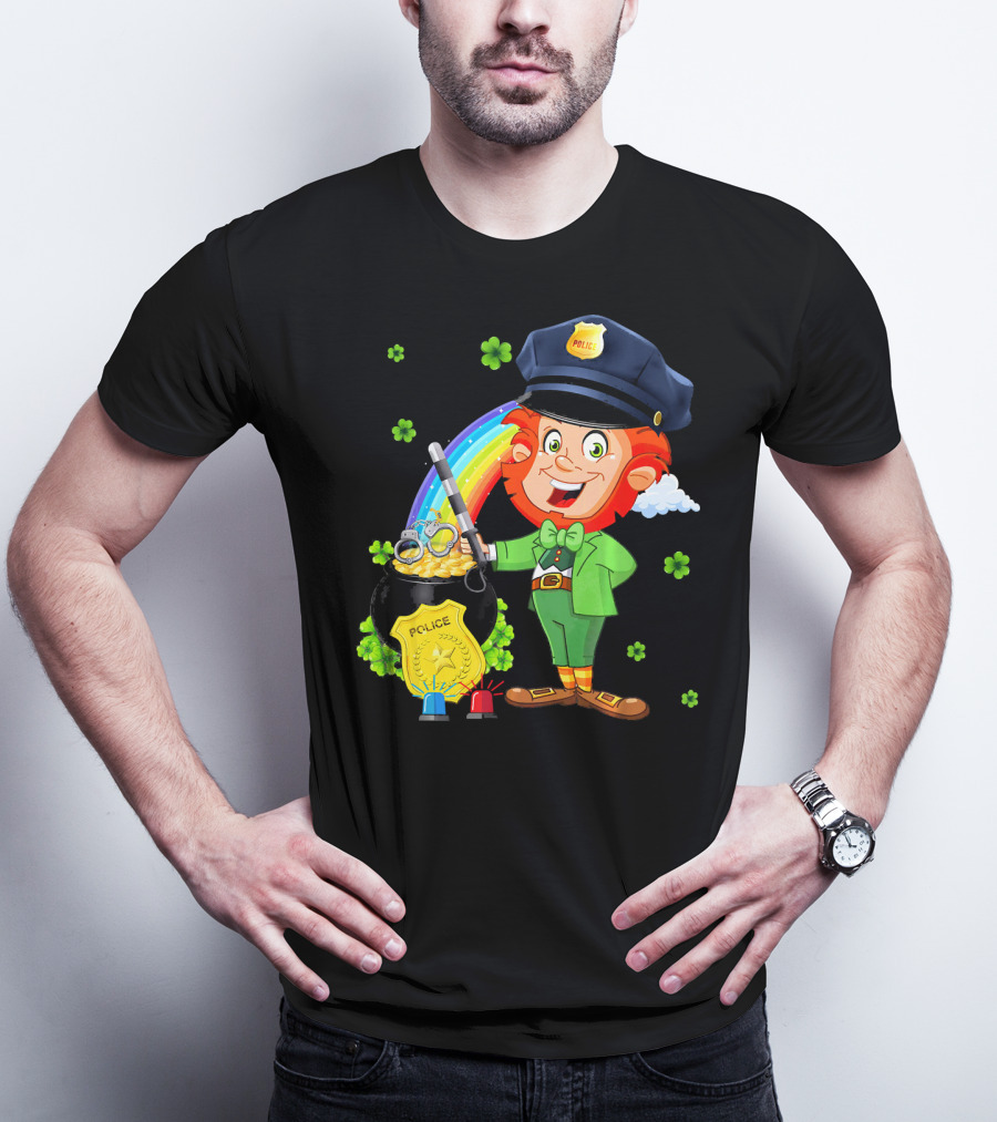 Police Leprechaun Pot Of Gold Rainbow Clover St. Patricks T-Shirt