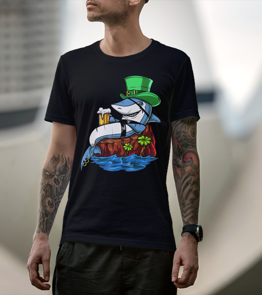 Leprechaun Shark Pirate St Patricks Beer Shamrock Rock T-Shirt