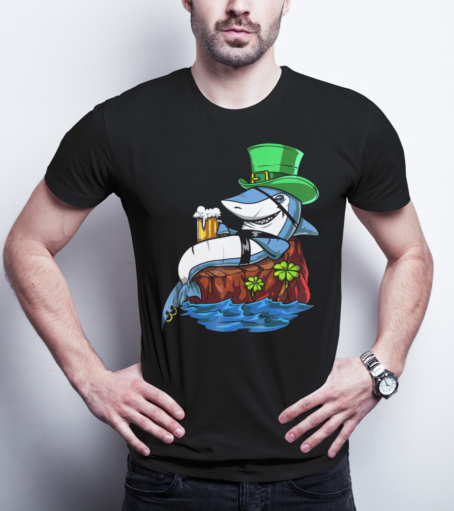 Leprechaun Shark Pirate St Patricks Beer Shamrock Rock T-Shirt