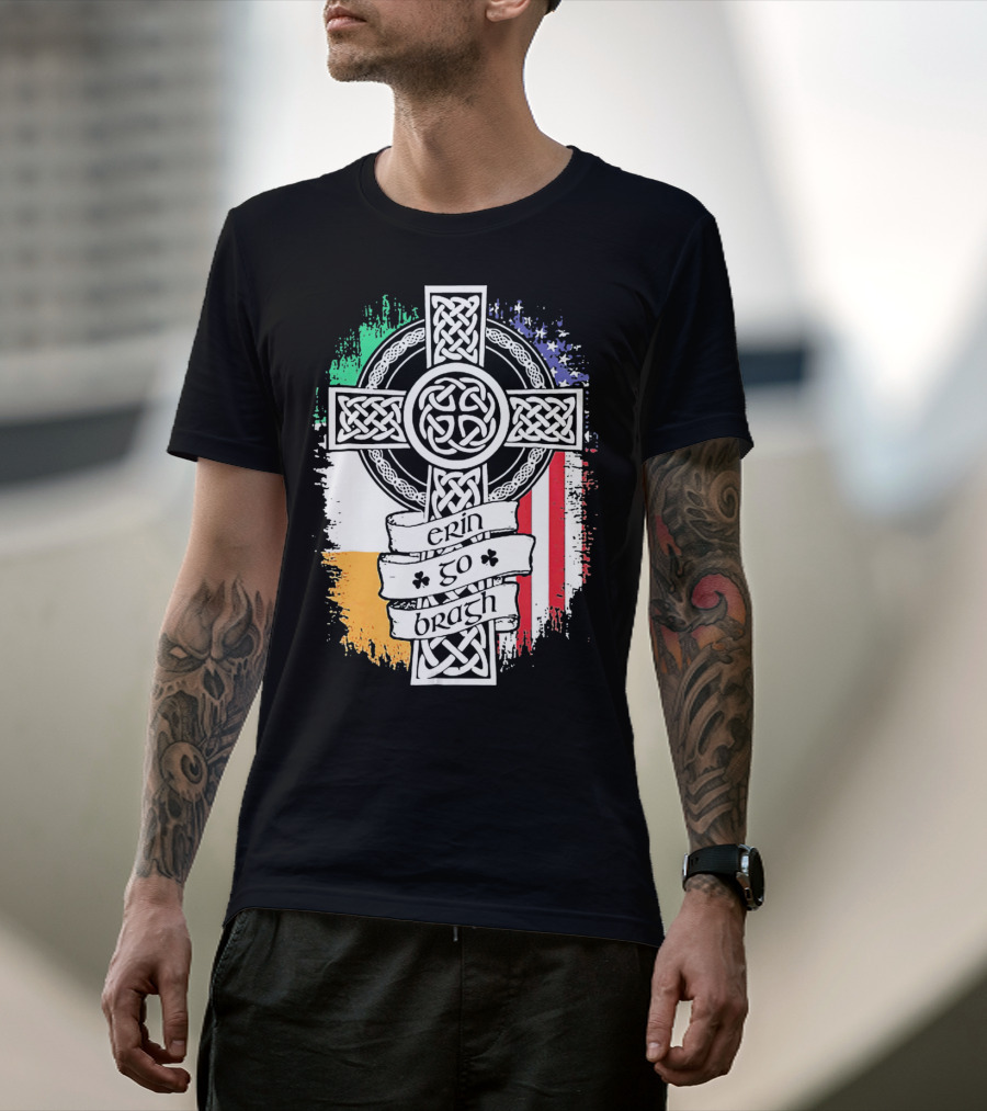 Erin Go Bragh Celtic Cross Irish American Flag T-Shirt