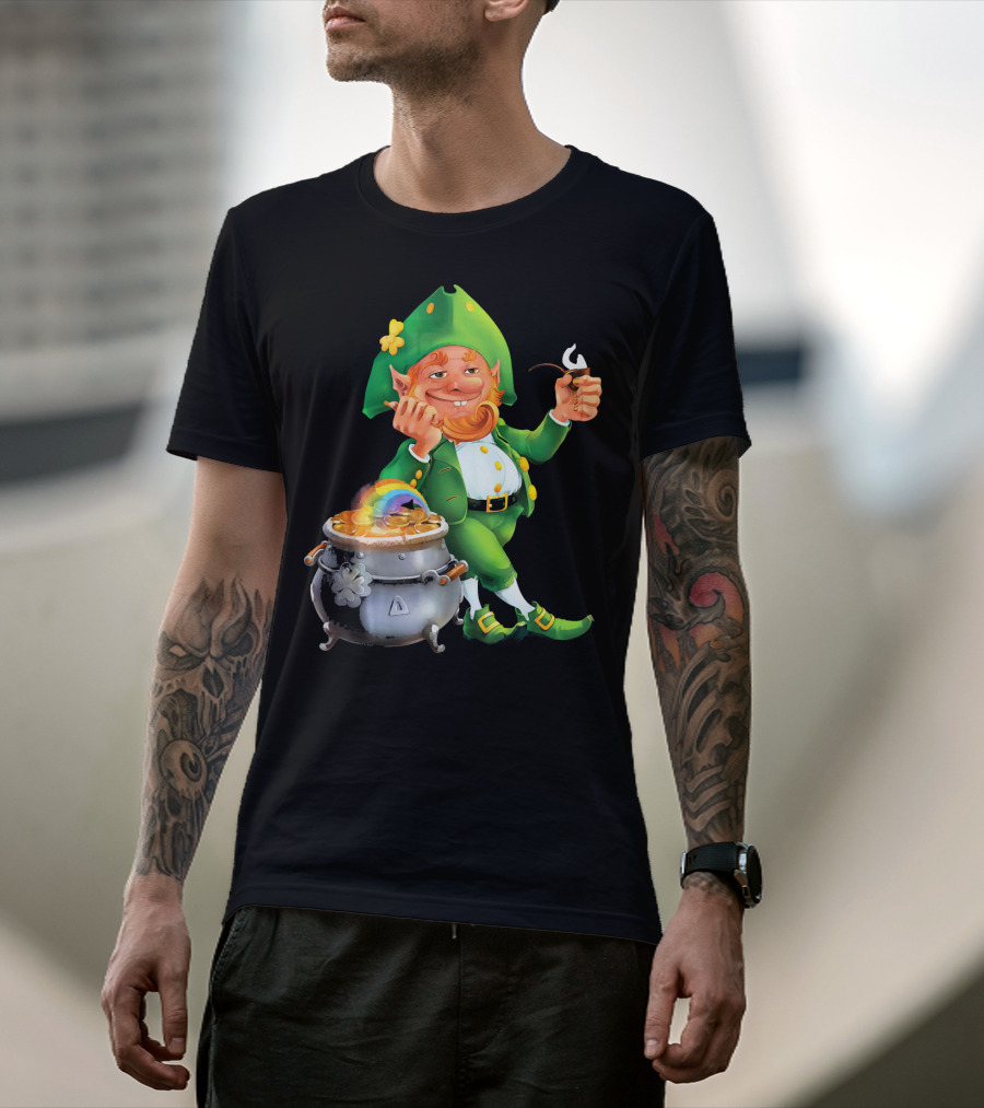 Cool Leprechaun With Rainbow And Gold Pot T-Shirt