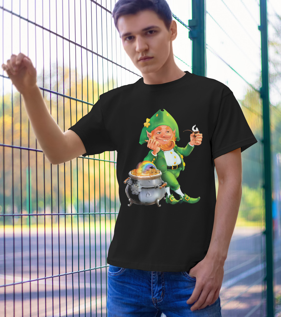 Cool Leprechaun With Rainbow And Gold Pot T-Shirt