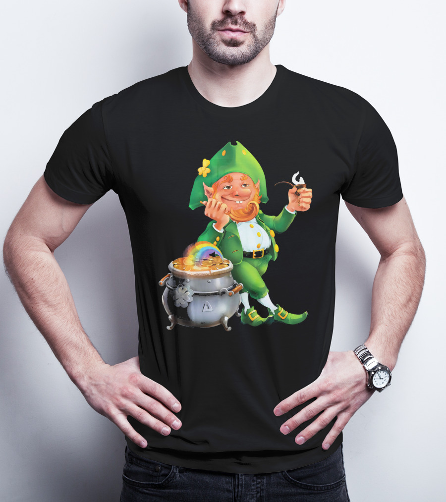 Cool Leprechaun With Rainbow And Gold Pot T-Shirt