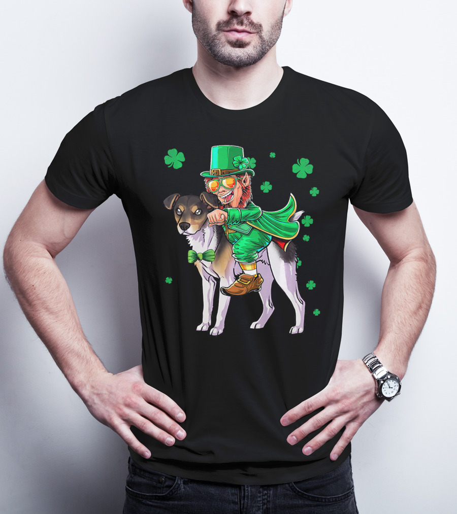 Leprechaun Riding Rat Terrier With Shamrock Pattern St Patrick's Day T-Shirt