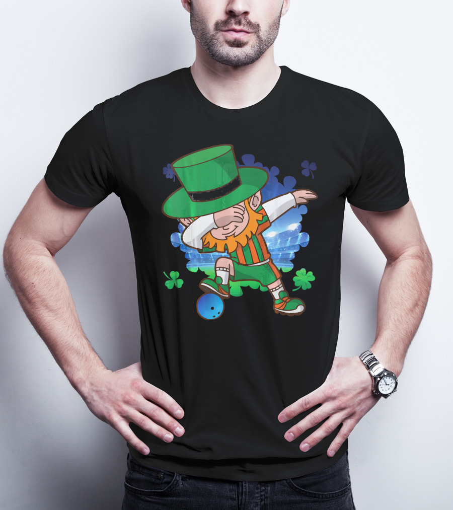 Leprechaun Dabbing Bowling With Clover Accents T-Shirt