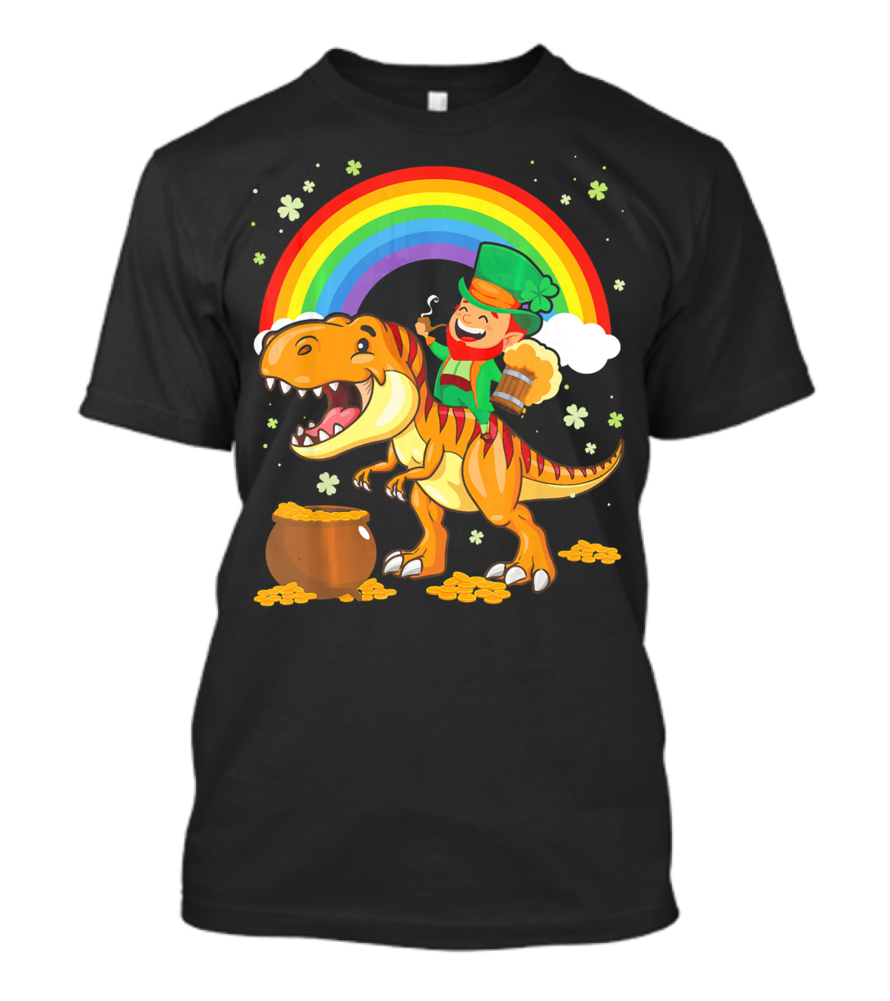 Leprechaun Drinking Beer Riding Dinosaur Under Rainbow With Pot Of Gold T-Shirt