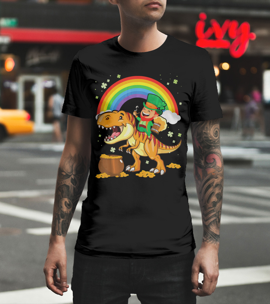 Leprechaun Drinking Beer Riding Dinosaur Under Rainbow With Pot Of Gold T-Shirt