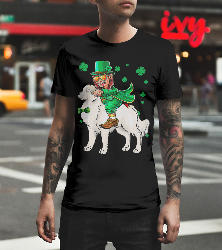 Great Pyrenees Leprechaun Riding Shamrock T-Shirt