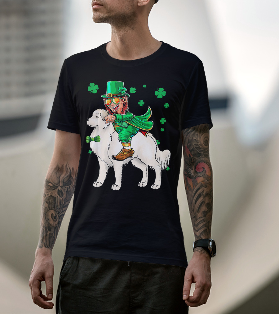 Great Pyrenees Leprechaun Riding Shamrock T-Shirt