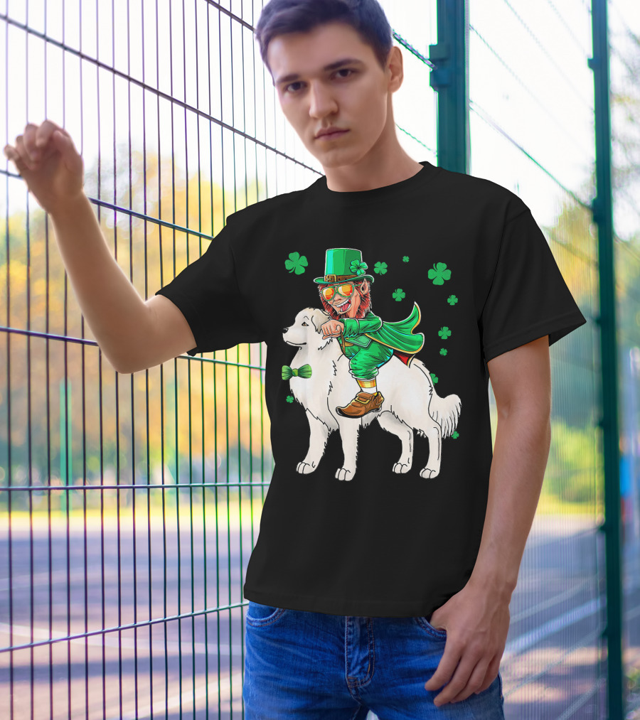 Great Pyrenees Leprechaun Riding Shamrock T-Shirt