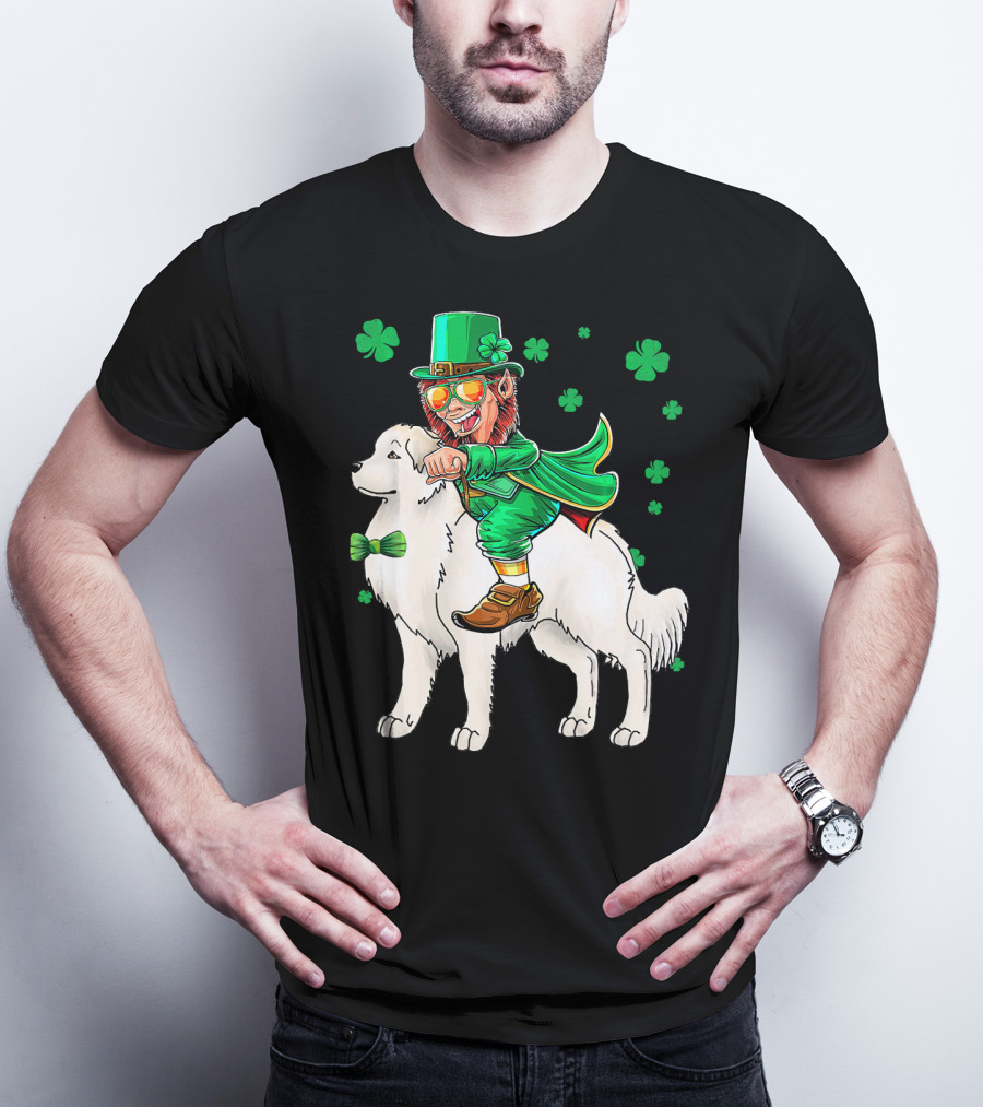 Great Pyrenees Leprechaun Riding Shamrock T-Shirt
