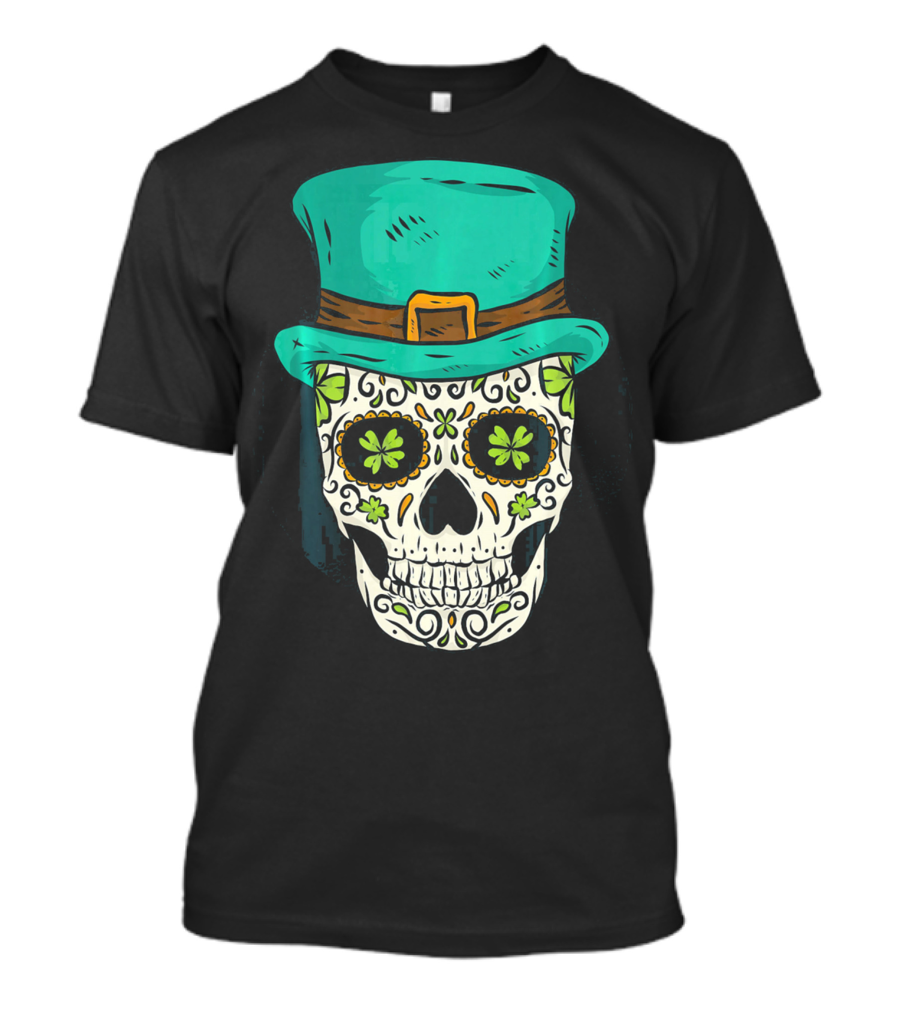 Lucky St. Patrick's Day Green Irish Skull With Celtic Shamrocks And Top Hat T-Shirt