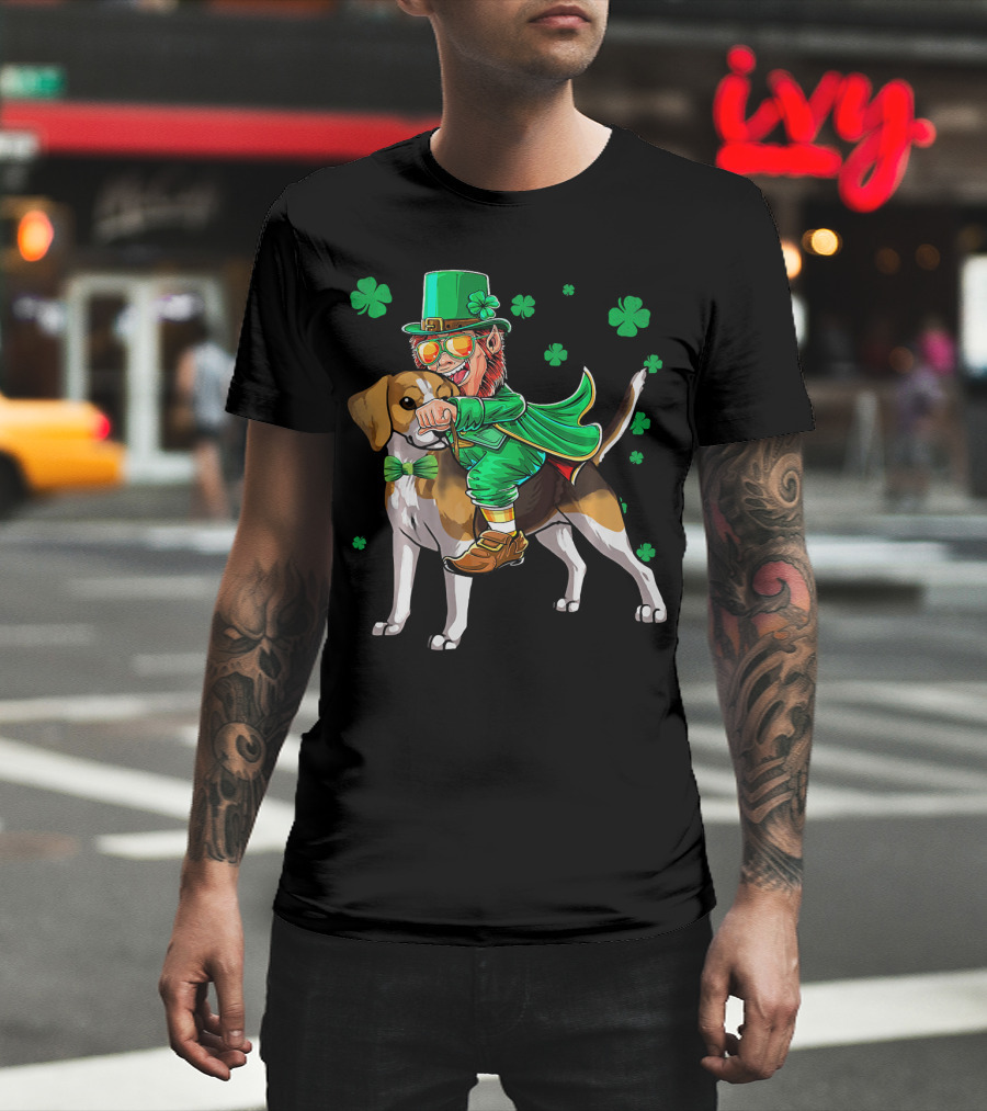 Leprechaun Riding Beagle With Shamrocks For St. Patrick's Day T-Shirt