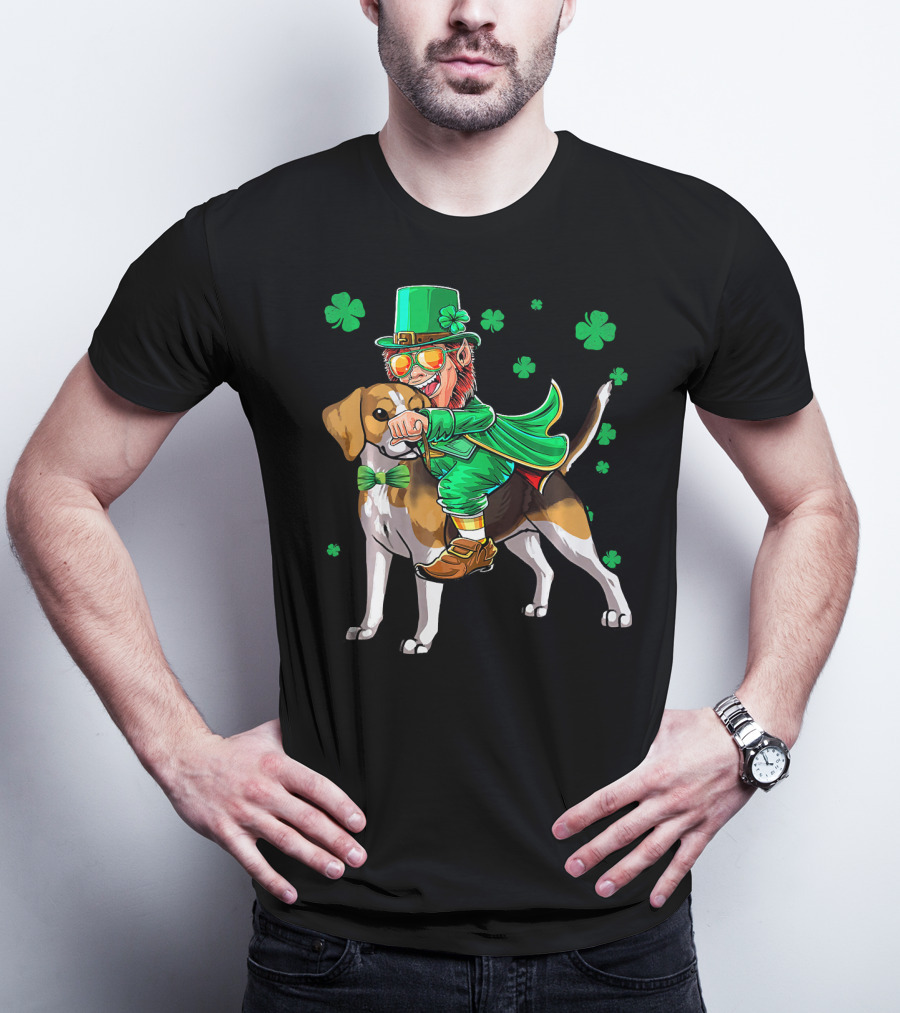 Leprechaun Riding Beagle With Shamrocks For St. Patrick's Day T-Shirt
