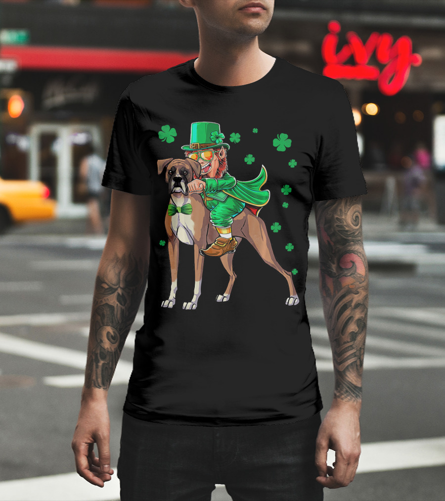 Leprechaun Riding Boxer Dog With Shamrocks St. Patrick's Day T-Shirt
