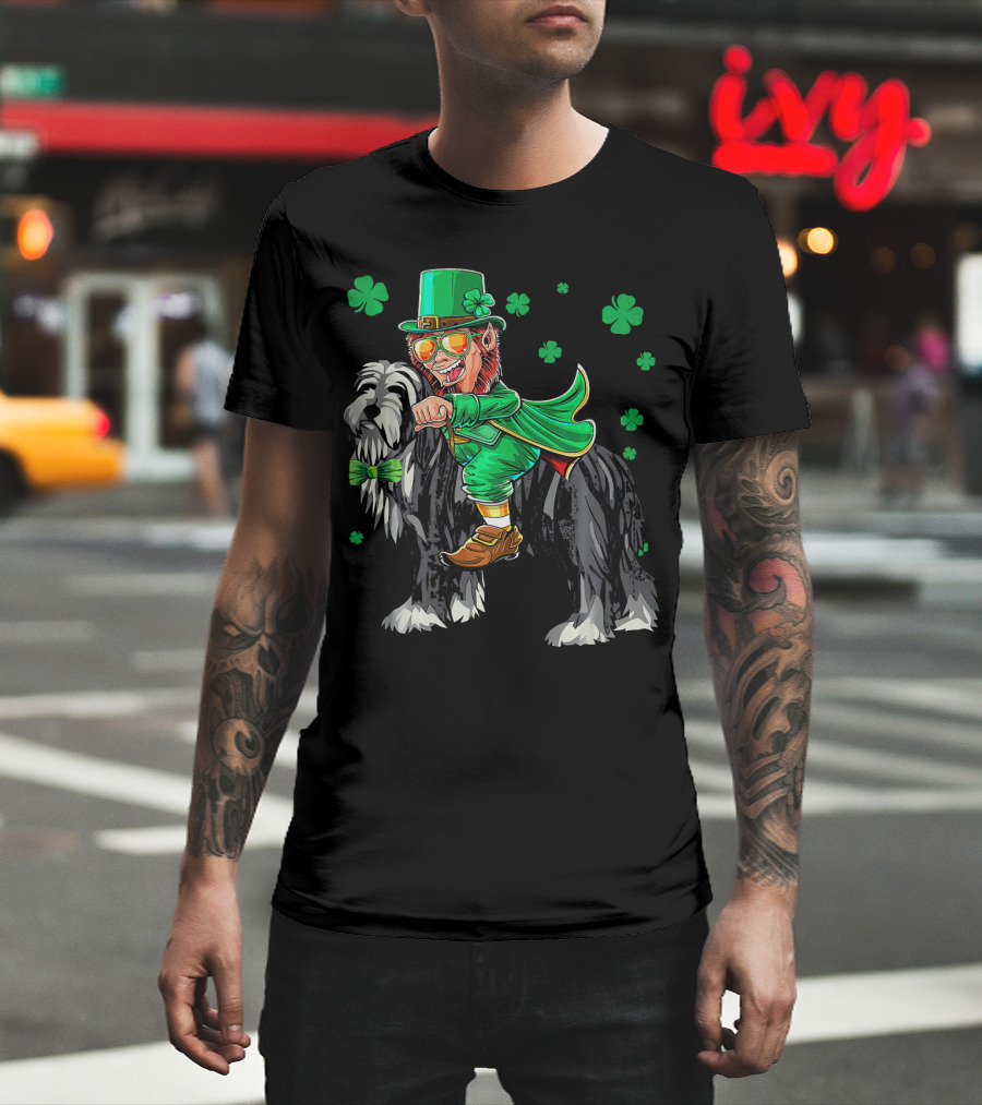 Leprechaun Riding Bearded Collie With Shamrocks T-Shirt