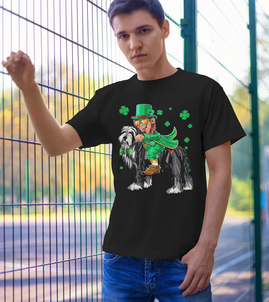 Leprechaun Riding Bearded Collie With Shamrocks T-Shirt