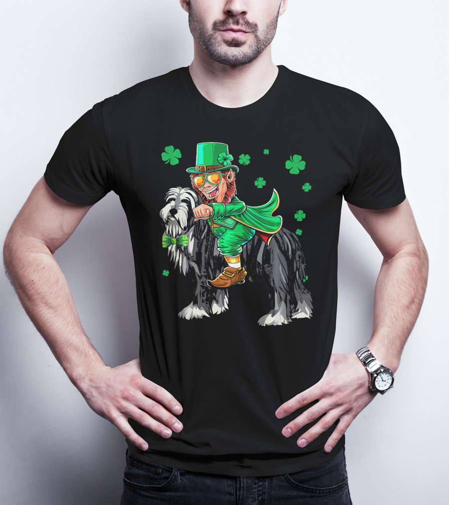 Leprechaun Riding Bearded Collie With Shamrocks T-Shirt