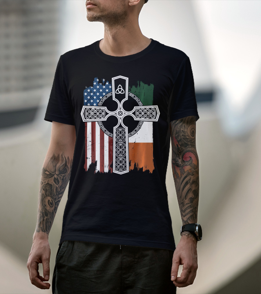 American Irish Flag Celtic Cross With Triquetra T-Shirt