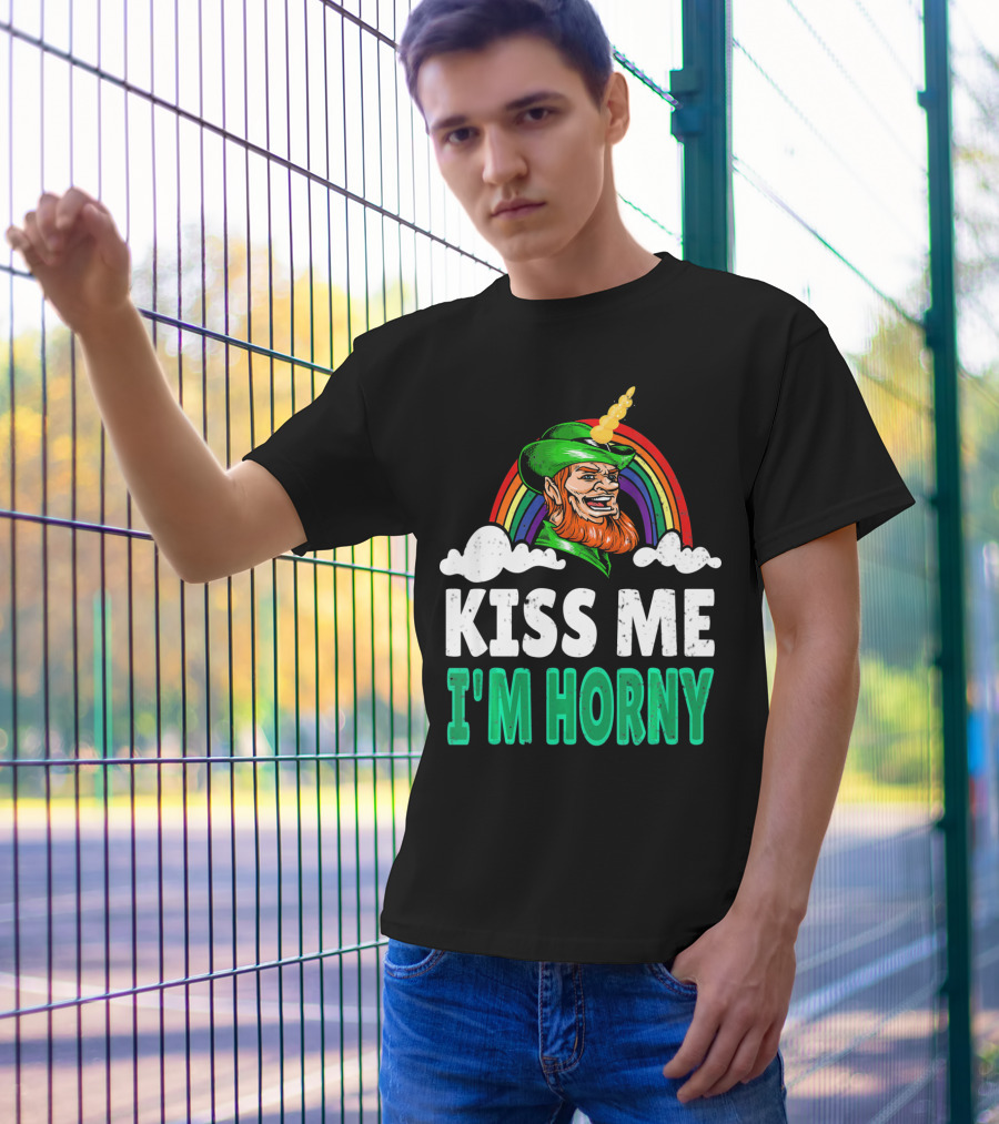Kiss Me I'm Horny St Patricks Day Lepricorn Rainbow T-Shirt