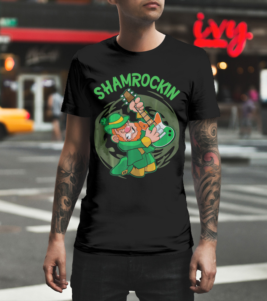 Shamrockin Leprechaun Playing Guitar In Green T-Shirt