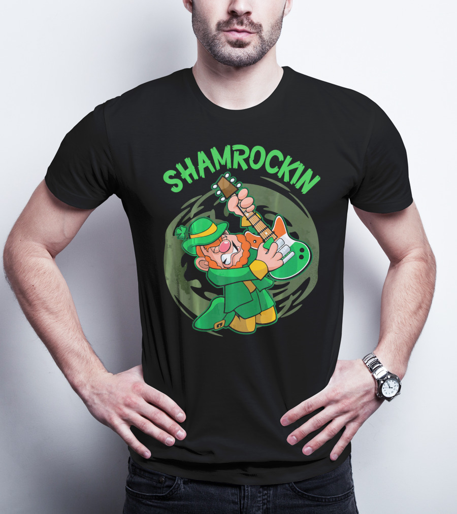 Shamrockin Leprechaun Playing Guitar In Green T-Shirt