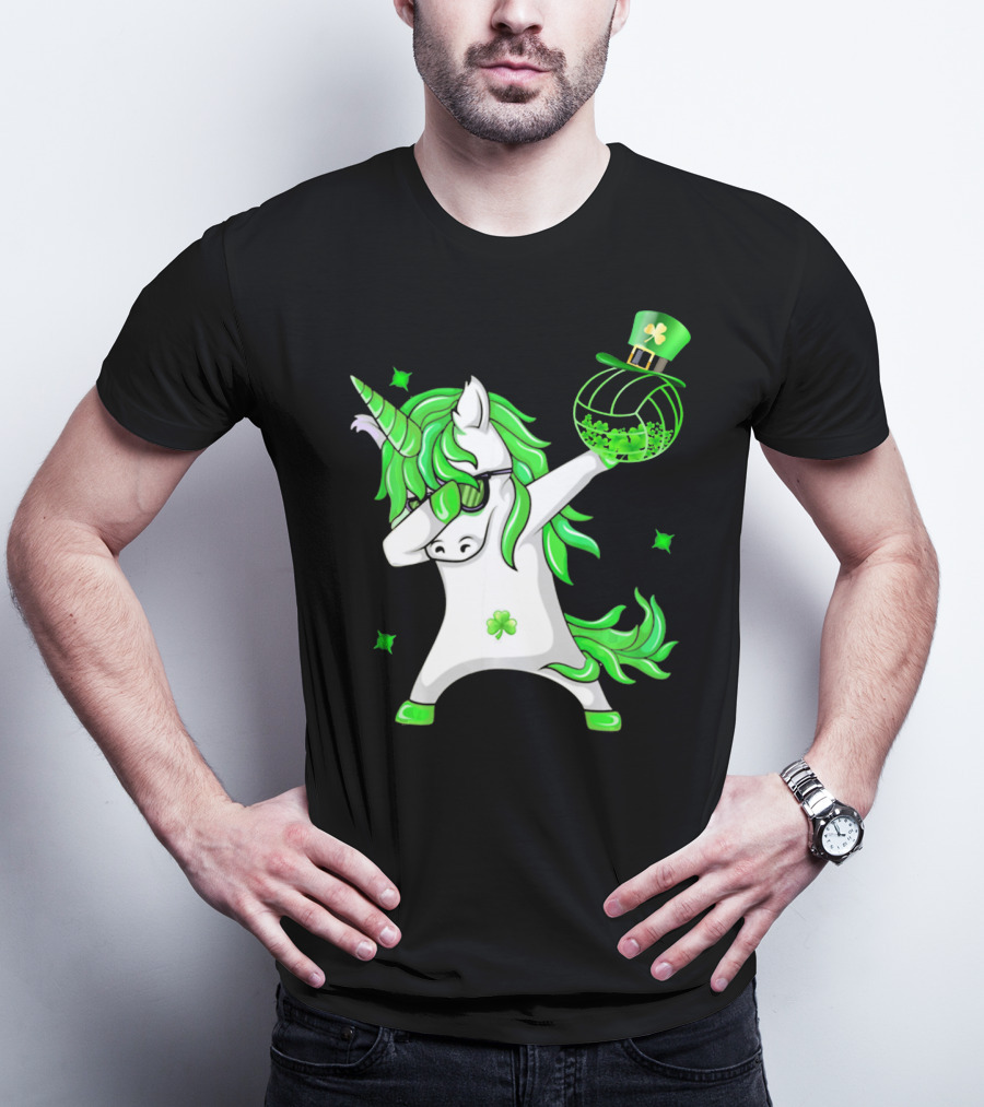 Happy St Patricks Day Dabbing Unicorn With Shamrock Hat And Green Hair T-Shirt
