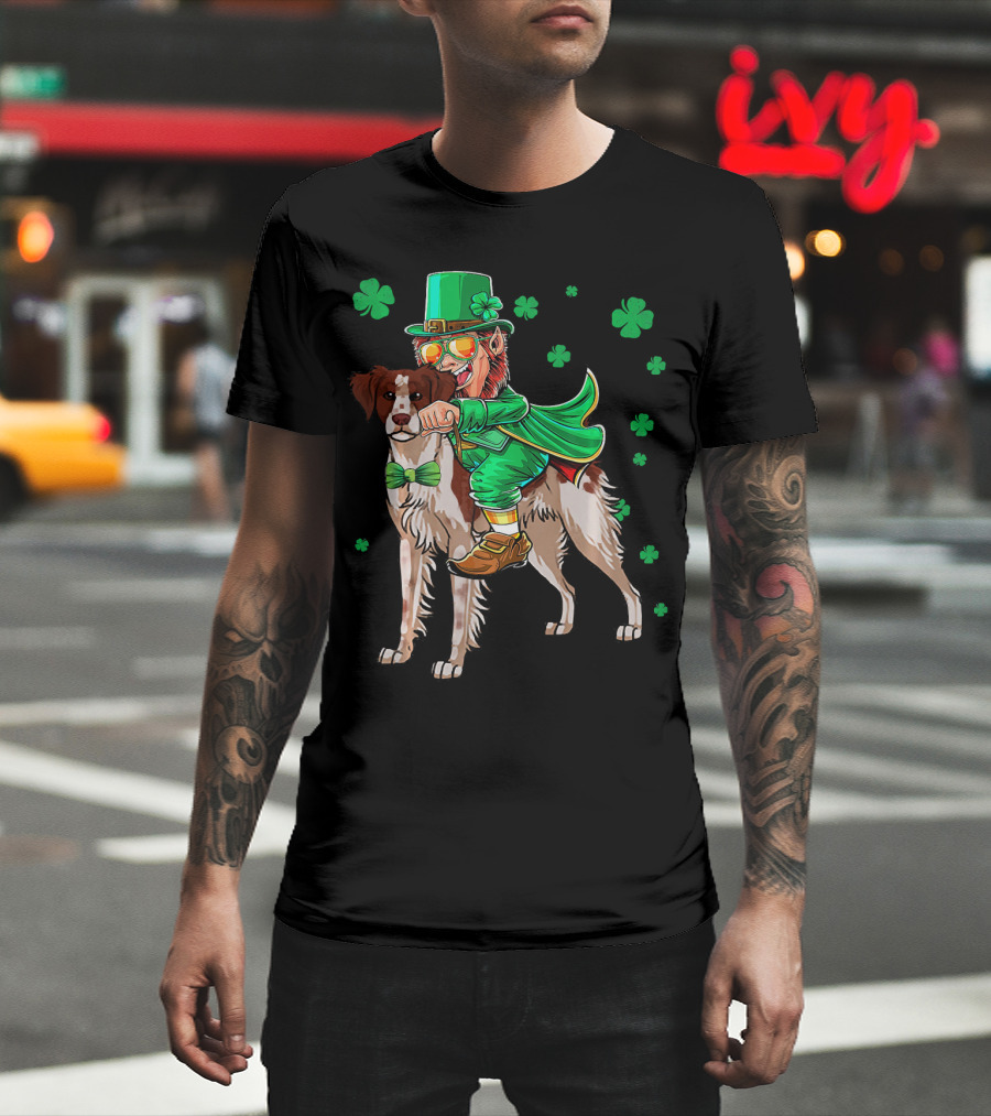 Leprechaun Rides Brittany Spaniel With Shamrock Accents T-Shirt