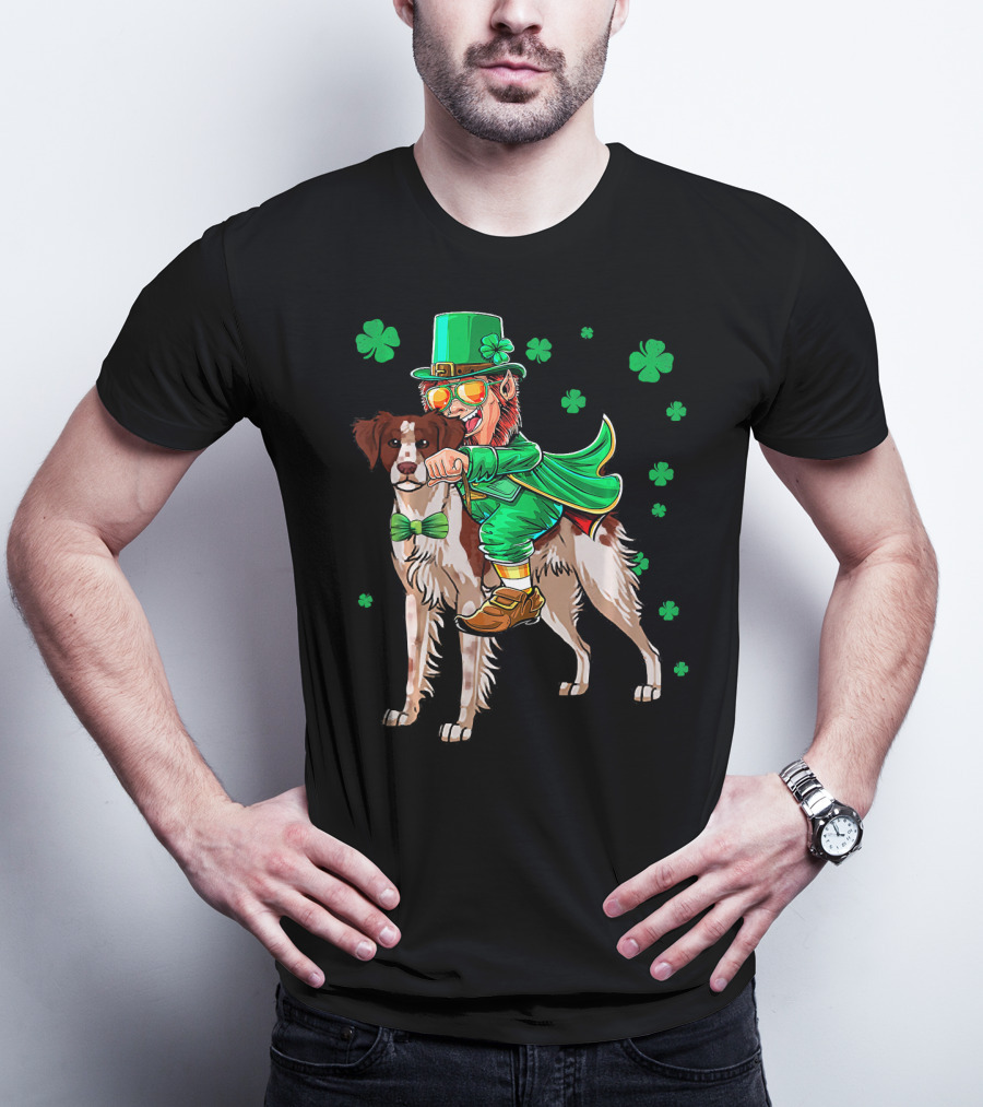 Leprechaun Rides Brittany Spaniel With Shamrock Accents T-Shirt