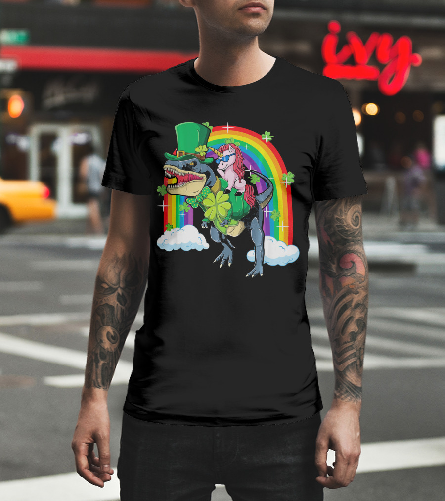 Unicorn Riding Dinosaur Leprechaun Rainbow Shamrocks T-Shirt
