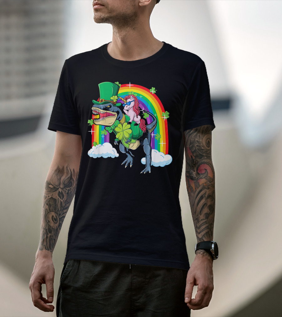 Unicorn Riding Dinosaur Leprechaun Rainbow Shamrocks T-Shirt