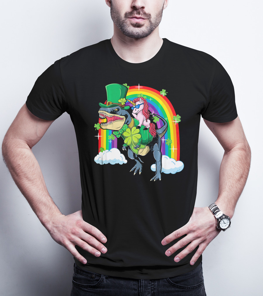 Unicorn Riding Dinosaur Leprechaun Rainbow Shamrocks T-Shirt