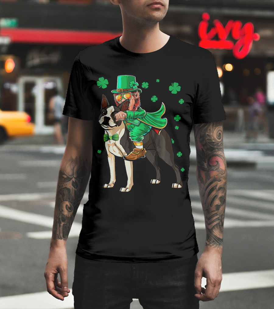 Leprechaun Riding Boston Terrier With Shamrock Accents T-Shirt