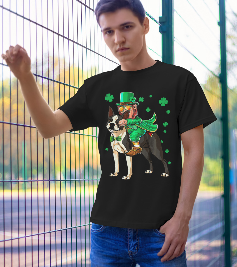 Leprechaun Riding Boston Terrier With Shamrock Accents T-Shirt