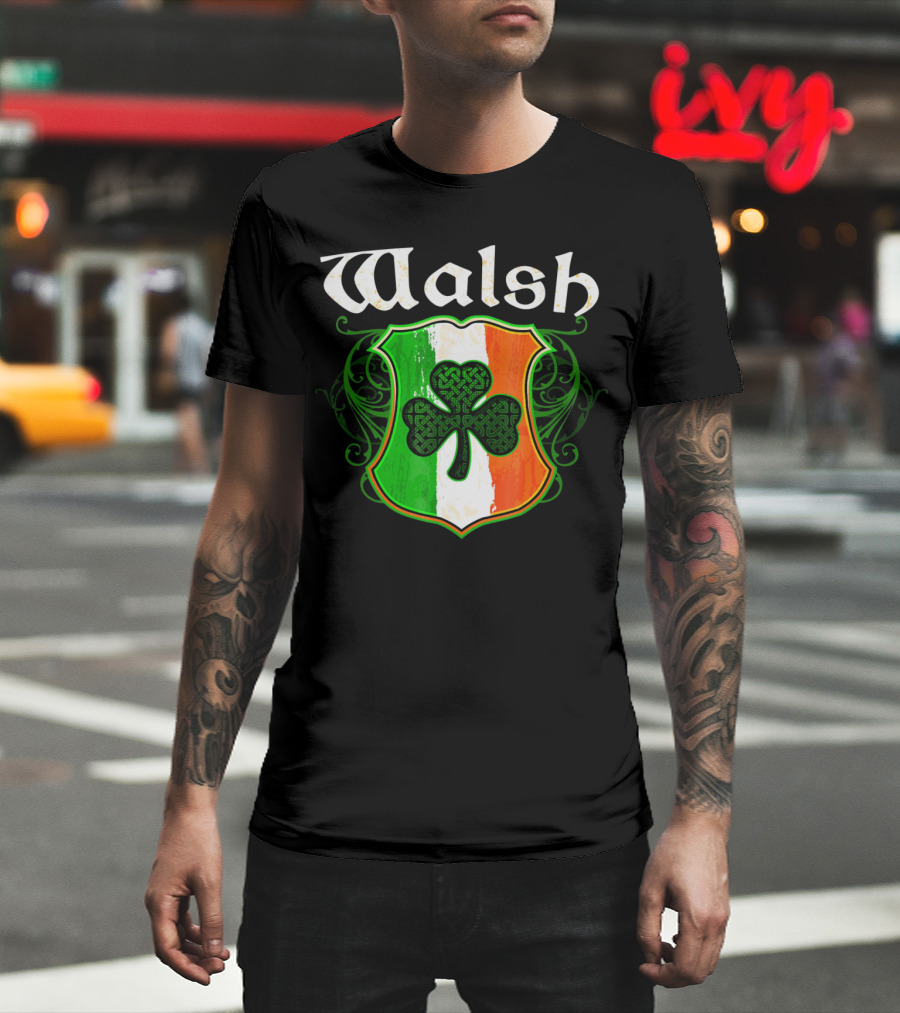 Walsh Surname Irish Shamrock Crest With Green White Orange Shield T-Shirt