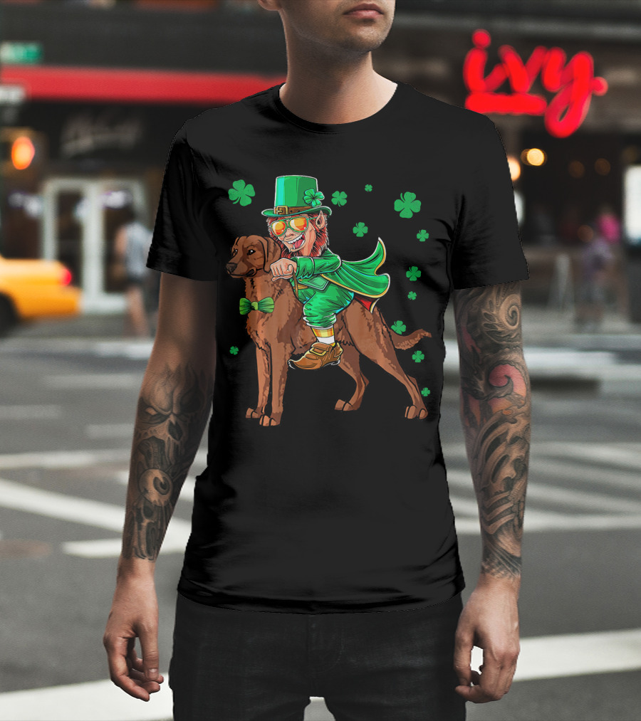 Leprechaun Riding Chesapeake Bay Retriever With Shamrocks T-Shirt