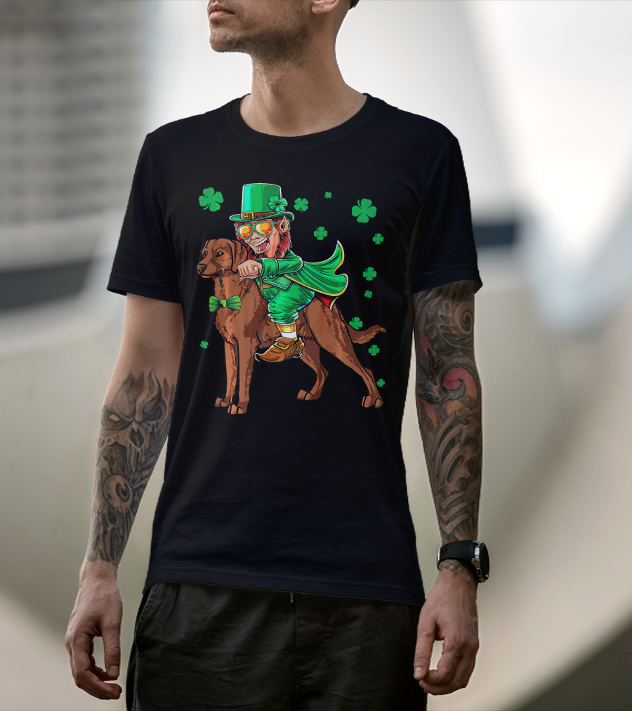 Leprechaun Riding Chesapeake Bay Retriever With Shamrocks T-Shirt