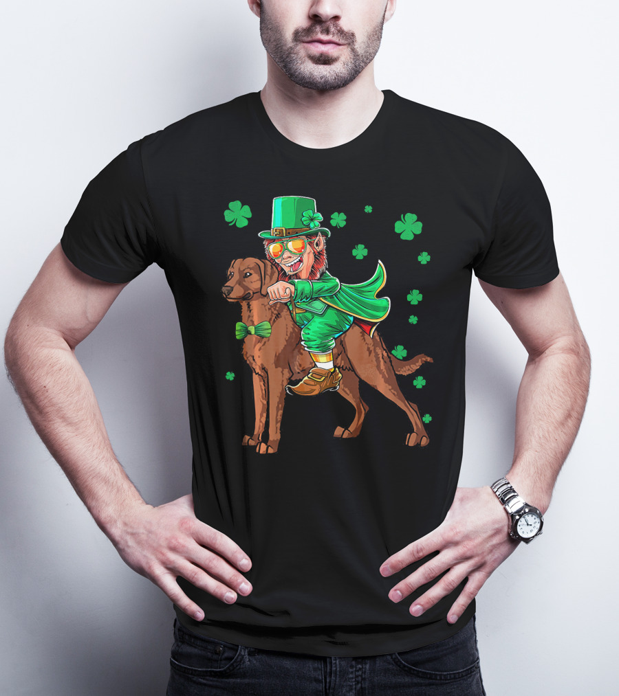 Leprechaun Riding Chesapeake Bay Retriever With Shamrocks T-Shirt