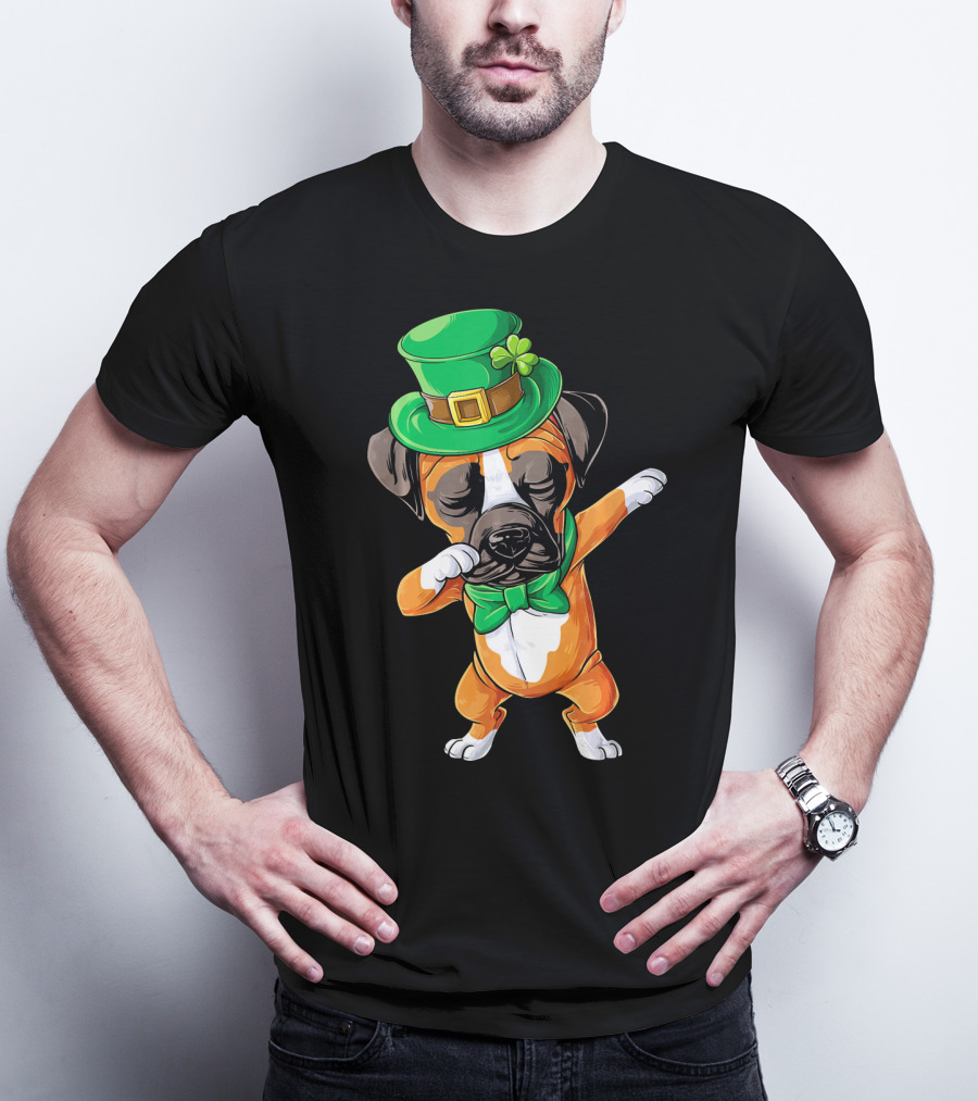 Dabbing Boxer Dog St Patricks Day Hat Bowtie T-Shirt
