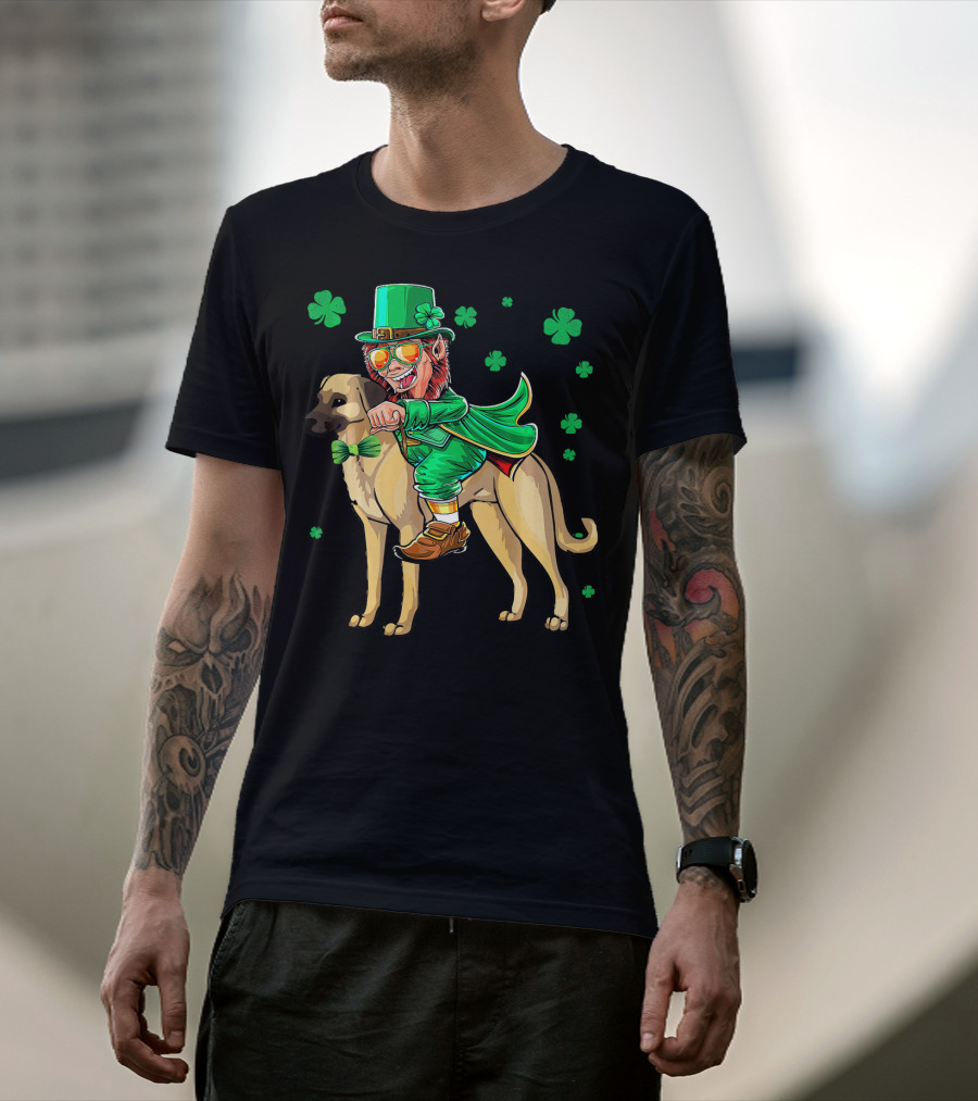 Leprechaun Riding Anatolian Shepherd With Shamrock Accents T-Shirt