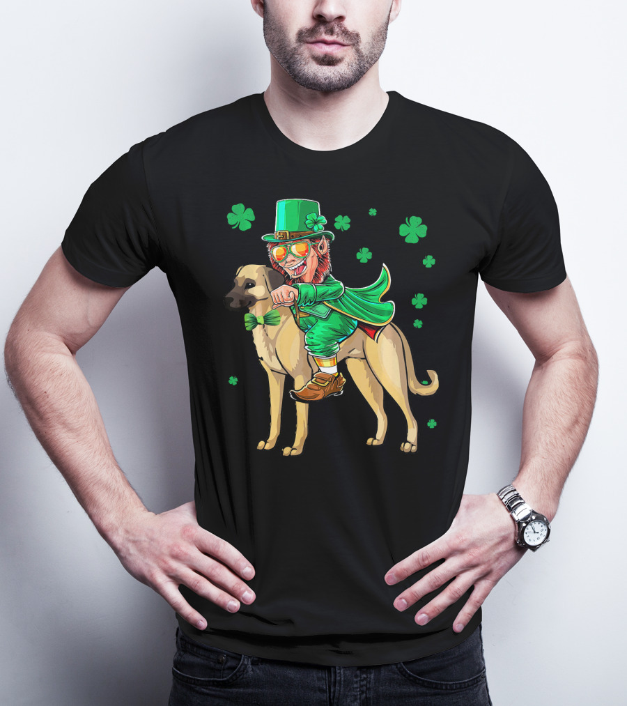 Leprechaun Riding Anatolian Shepherd With Shamrock Accents T-Shirt