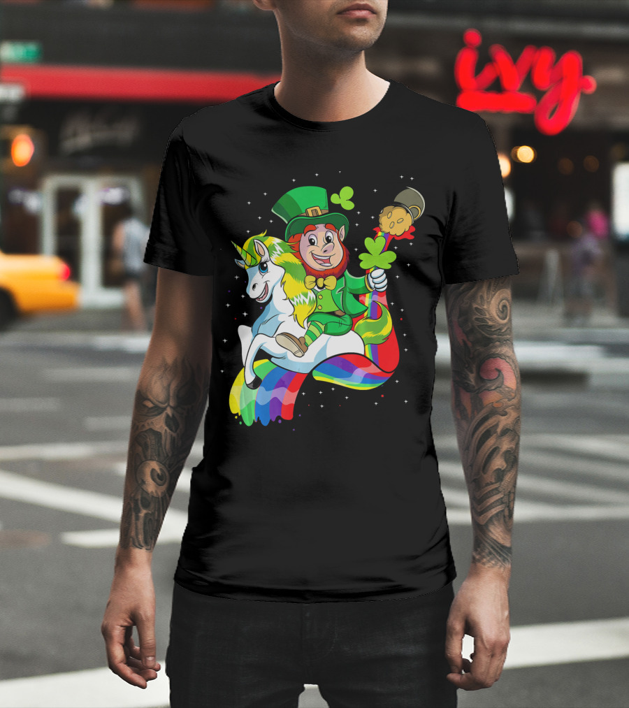 St Patricks Day Leprechaun Riding Unicorn With Rainbow Lucky Charms T-Shirt