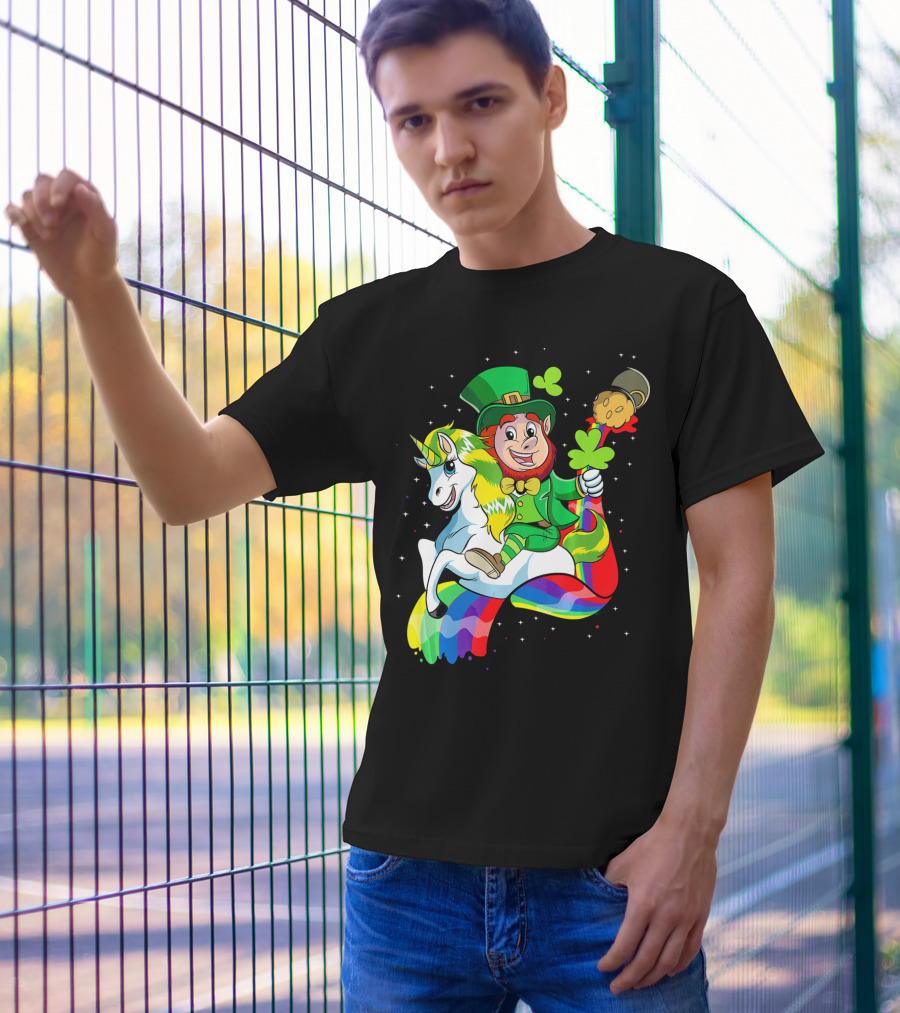St Patricks Day Leprechaun Riding Unicorn With Rainbow Lucky Charms T-Shirt