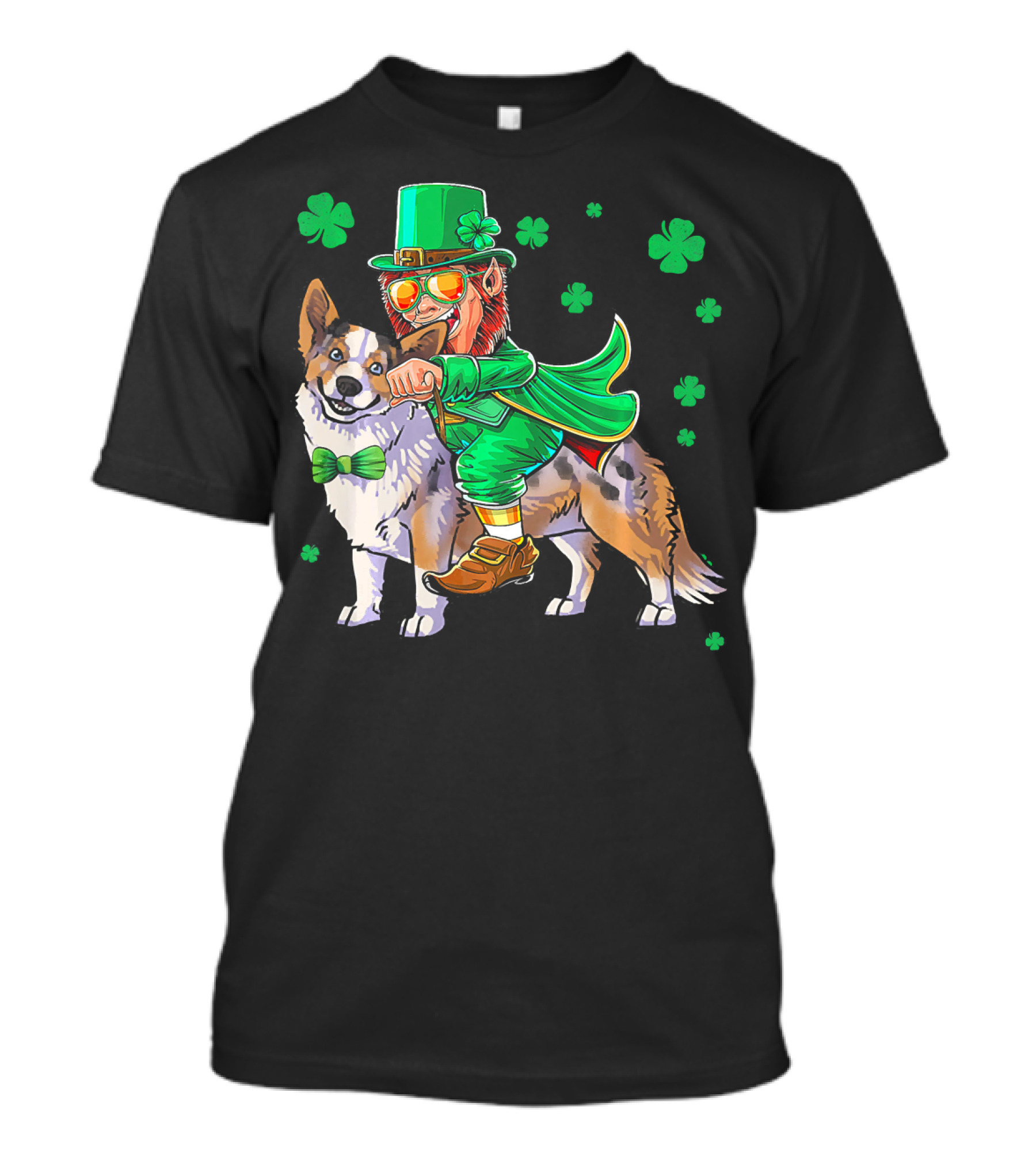 Leprechaun Riding Cardigan Welsh Corgi With Shamrocks T-Shirt